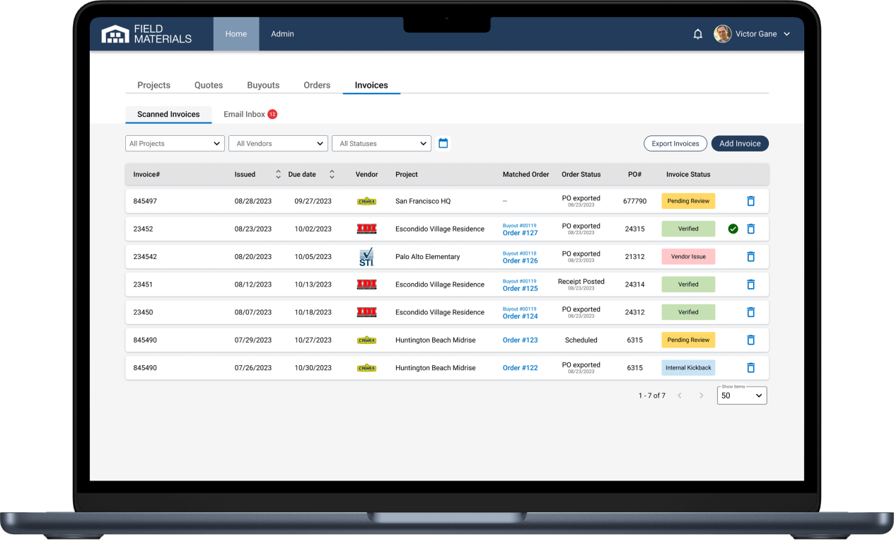Field Materials: Invoices Module